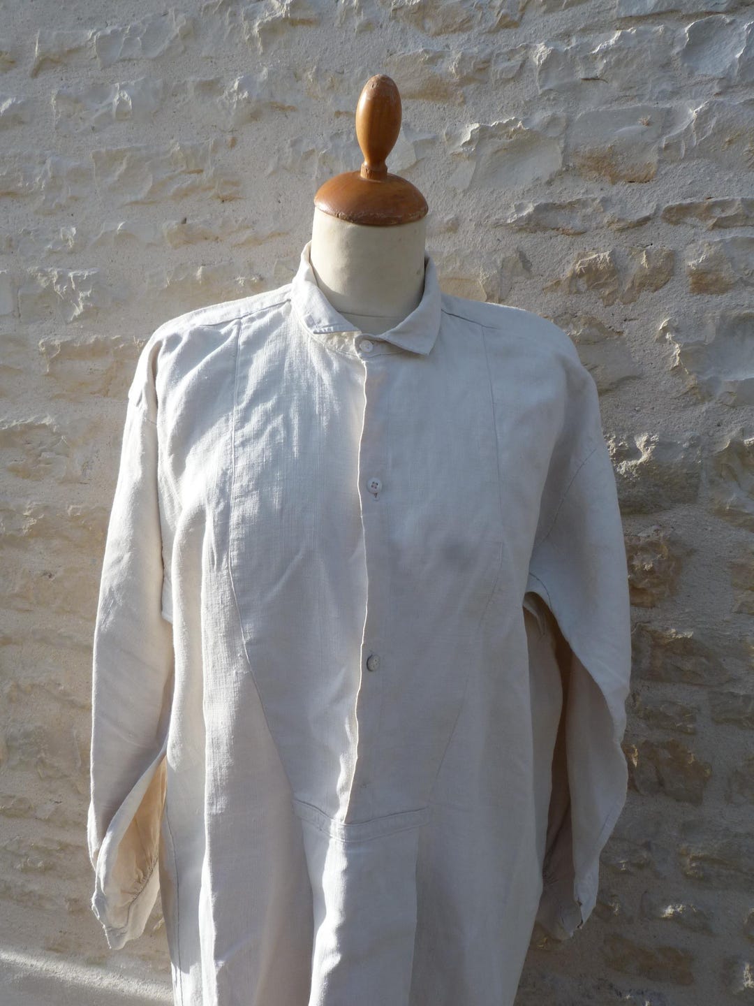 Antique Old French Men Night Shirt Chemise Long Sleeve Cream Linen Hemp ...