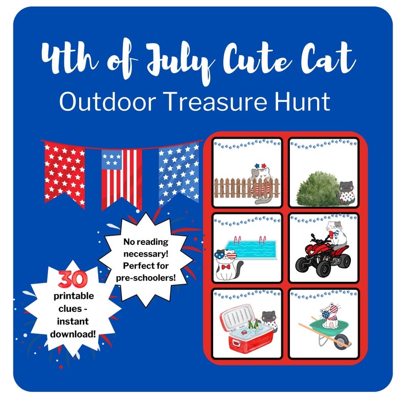 Fourth of July Outdoor Treasure Hunt Cute Cat Theme for Preschooler ...