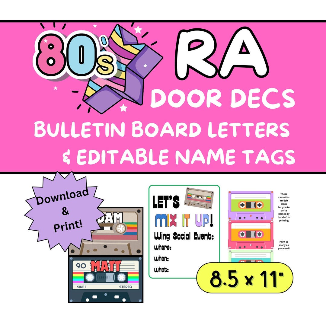 RA Door Decs Retro 80's Theme | College Dorm Name Tags Bulletin Board ...