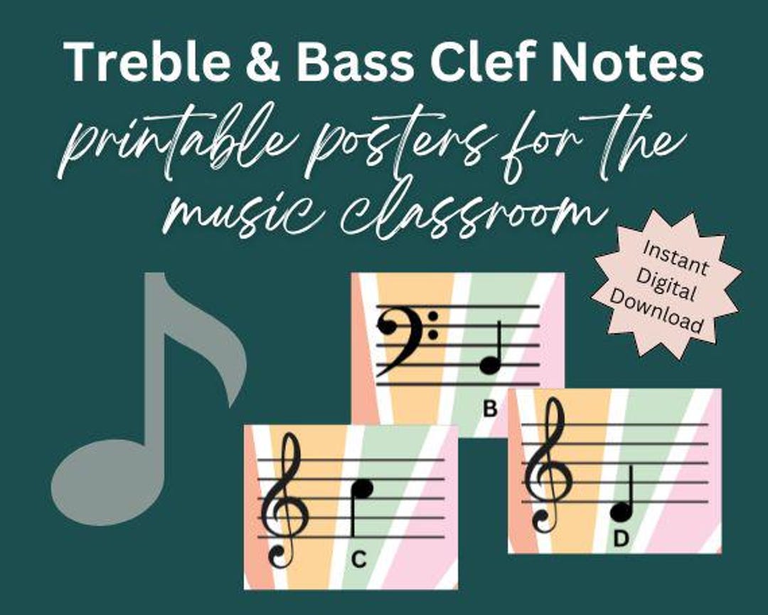 Retro Music Room Posters Treble and Bass Clef Notes, Printable ...