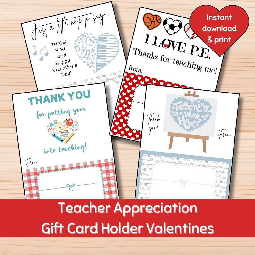 Teacher Valentine Gift Card Holder: Printable Appreciation Cards (PDF ...