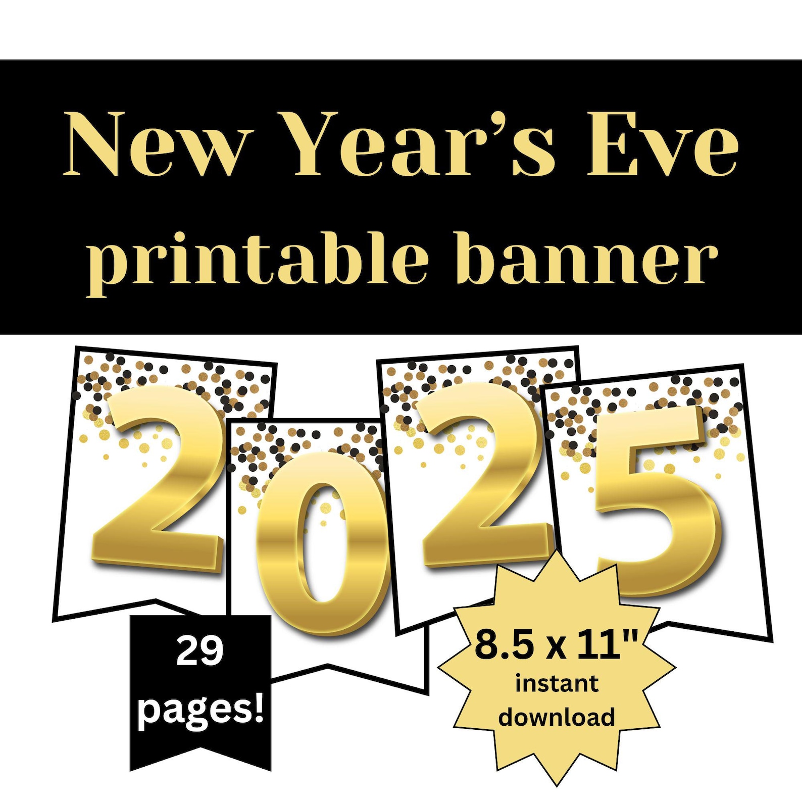 Happy New Year Printable Banner | New's Year Eve Signs Black and Gold ...