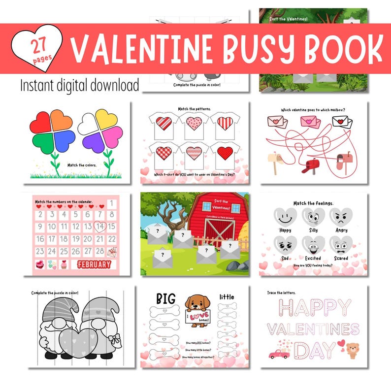 Valentines Day Toddler Busy Book Pre K Quiet Book | Printable Busy Book ...