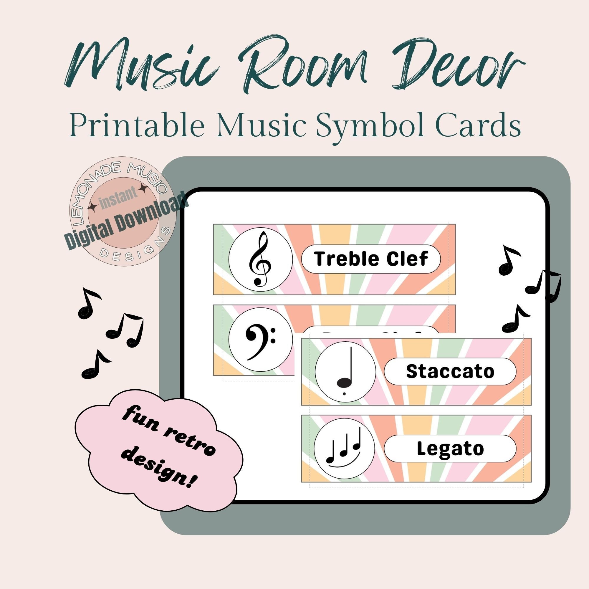 Music Symbols Printable Music Room Decor Retro Theme Music Posters for ...