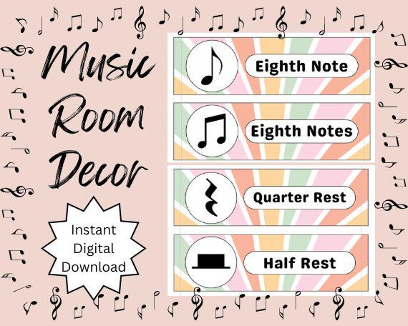 Music Room Notes and Rests Cards, Printable Elementary Music Room Decor ...