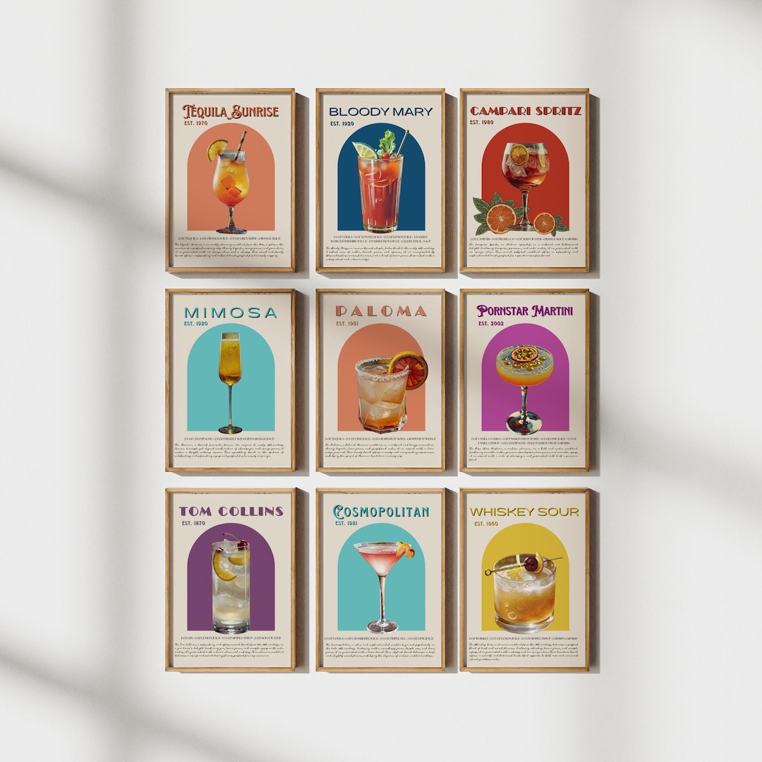 Set of 9 Retro Cocktail Prints, Classic Cocktail Wall Art, Bar Cart ...