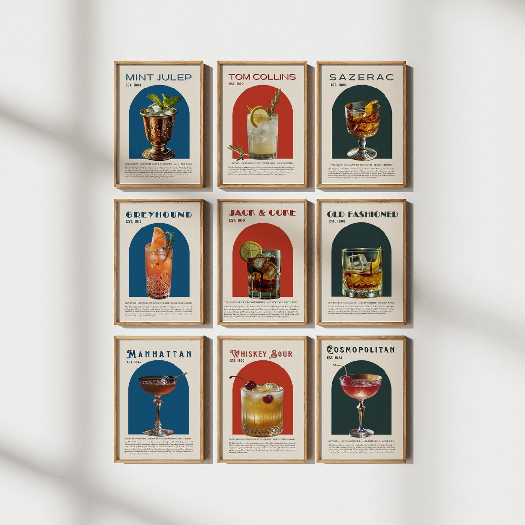 Vintage Cocktail Wall Art SET of 9, Bar Cart Art, Cocktail Poster ...