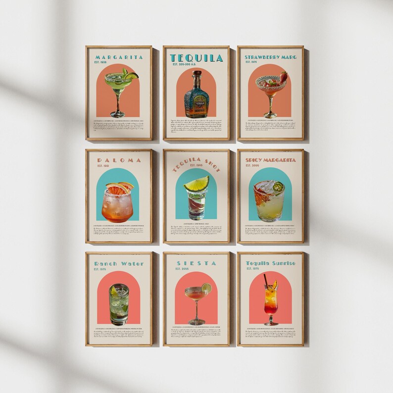 Set of Retro Cocktail Prints, Classic Cocktail Wall Art, Bar Cart ...