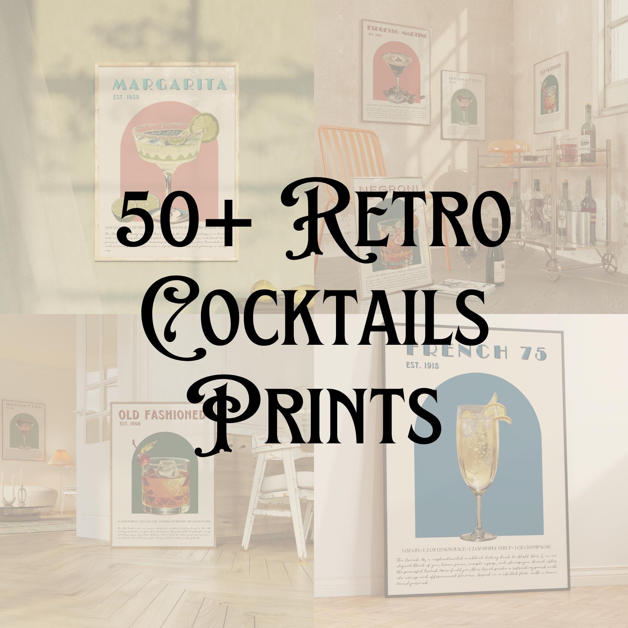Set of Retro Cocktail Prints, Classic Cocktail Wall Art, Bar Cart ...