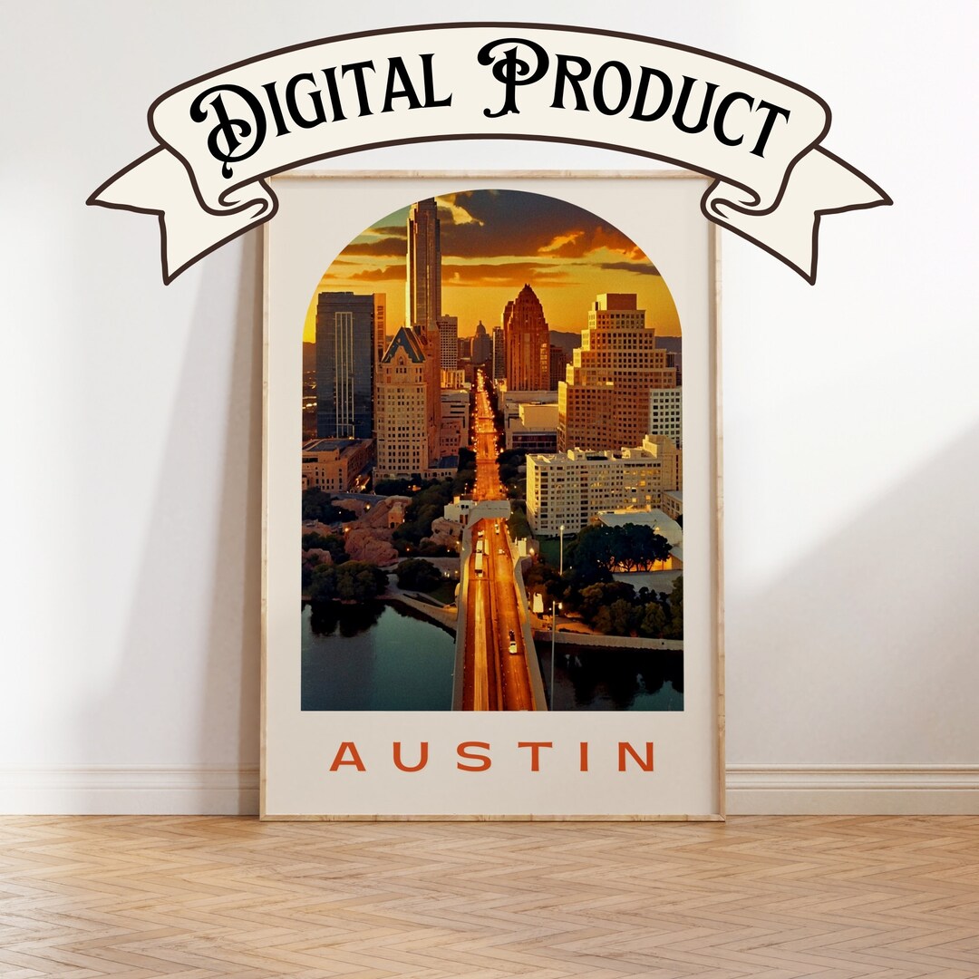Retro Austin Skyline Print, Last Minute Gift, Austin Texas Wall Art, Texan Gift, Texas Digital ...
