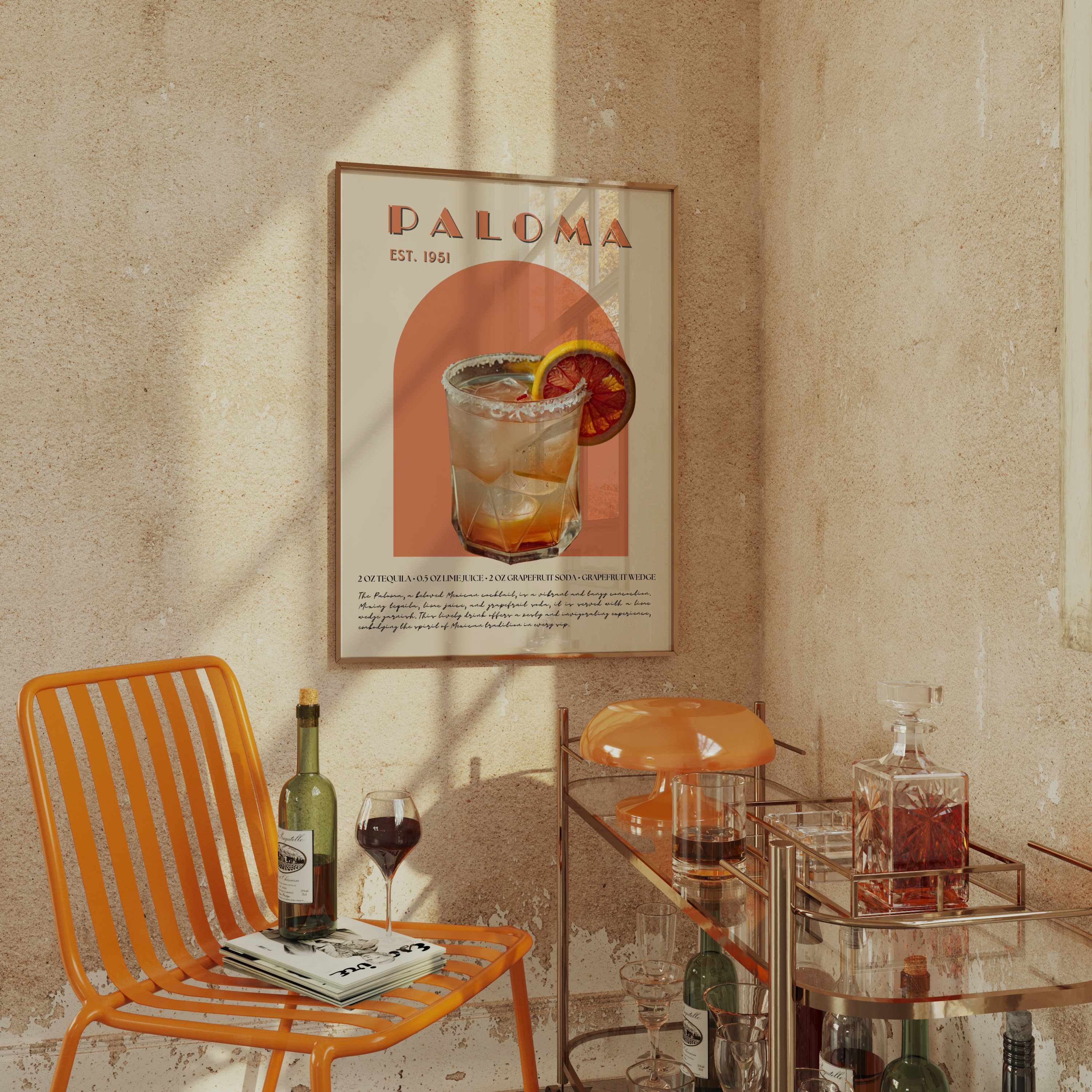 Paloma Cocktail Print, Bar Cart Wall Art, Bar Cart Decor, Paloma Wall ...