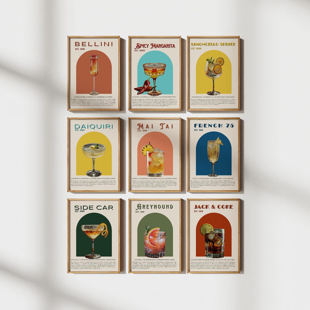 Set of 9 Retro Cocktail Prints, Classic Cocktail Wall Art, Bar Cart ...