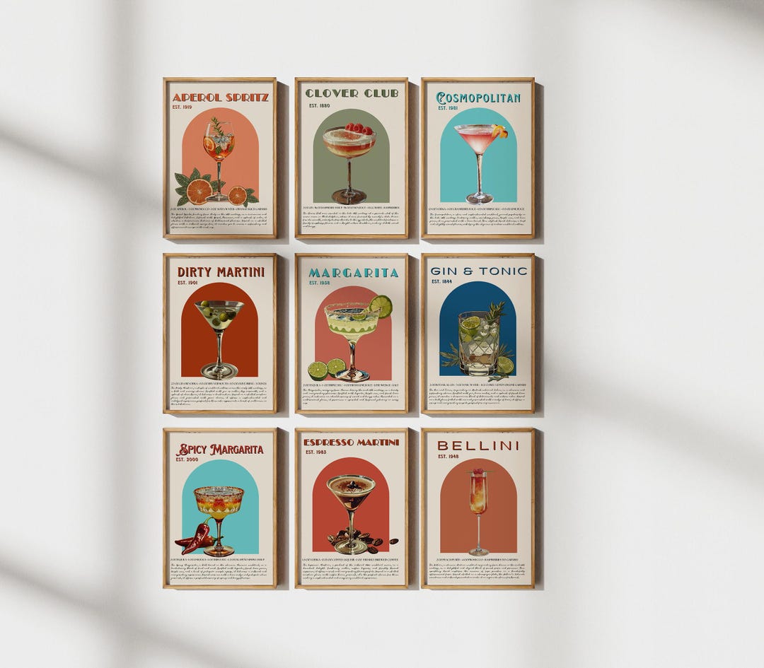 Set of 9 Printable Cocktail Wall Art, Retro Cocktail Prints, Classic ...
