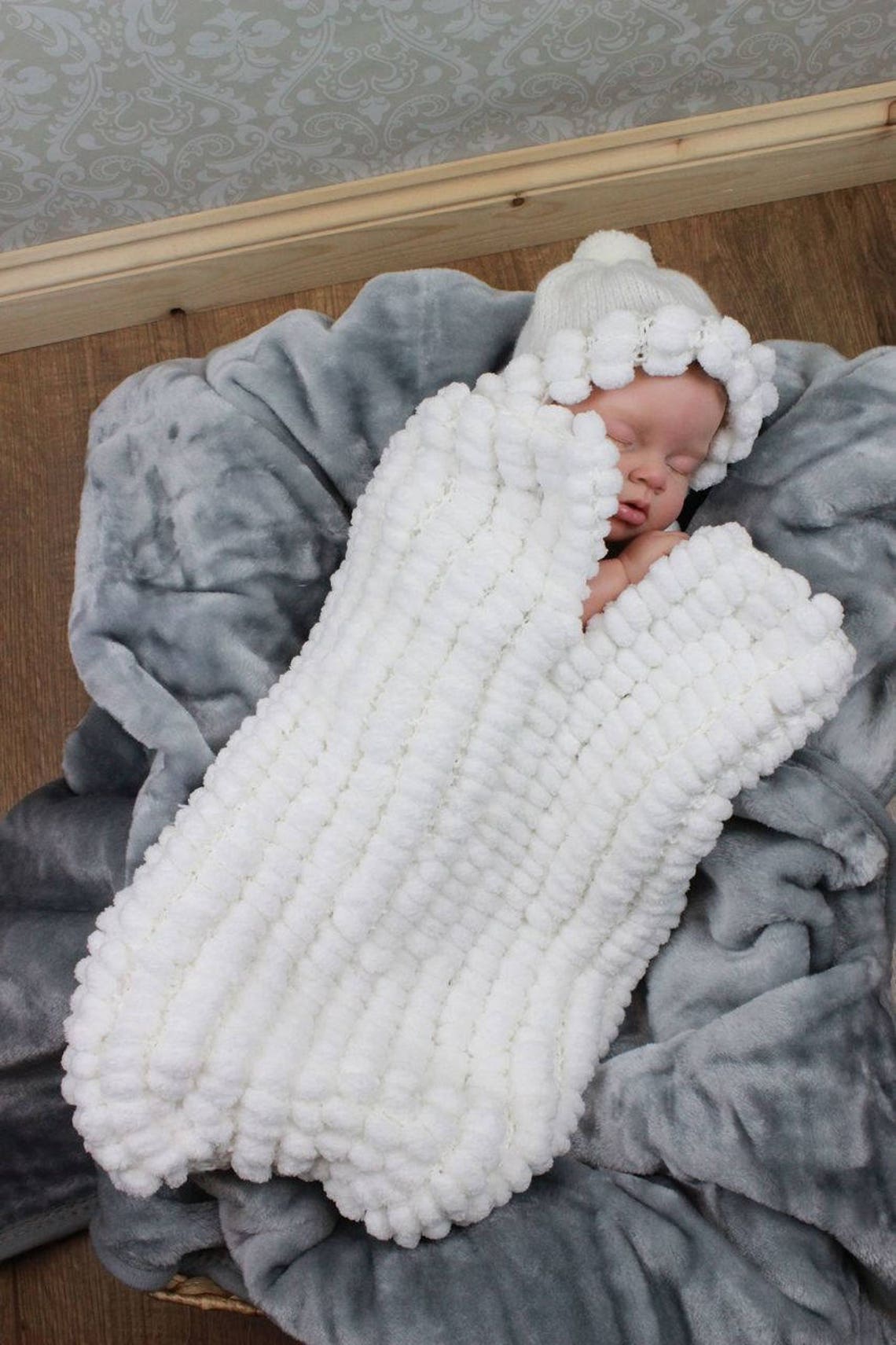 KNITTING PATTERN for Baby Pom Pom Cocoon Papoose & Hat in 3 - Etsy