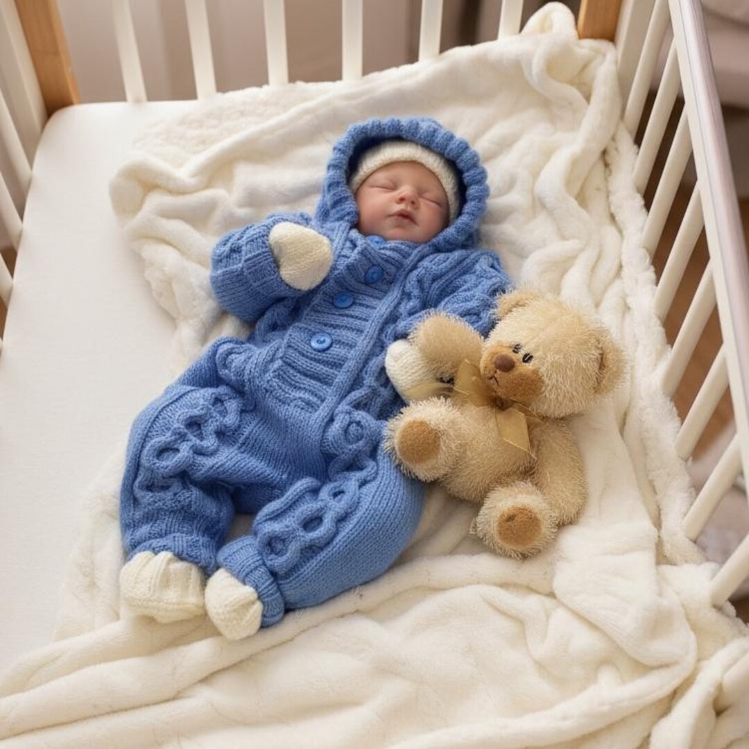 Baby Pram Suit Knitting Pattern 0–6 Months | Cable Knit Hooded Suit ...