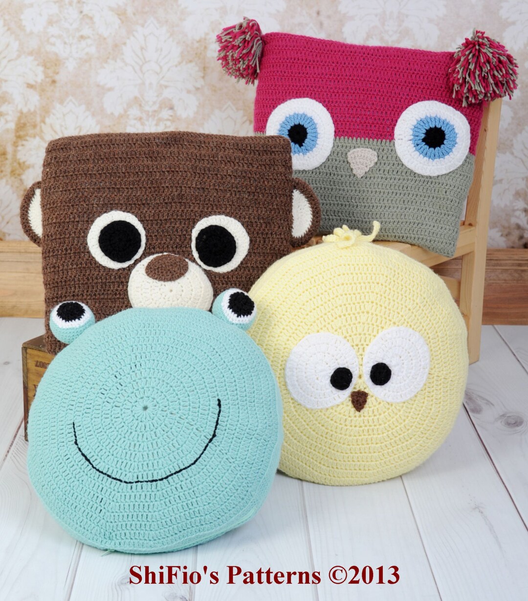 CROCHET PATTERN for Animal Cushions Pillow , Owl, Bear, Chick & Frog ...