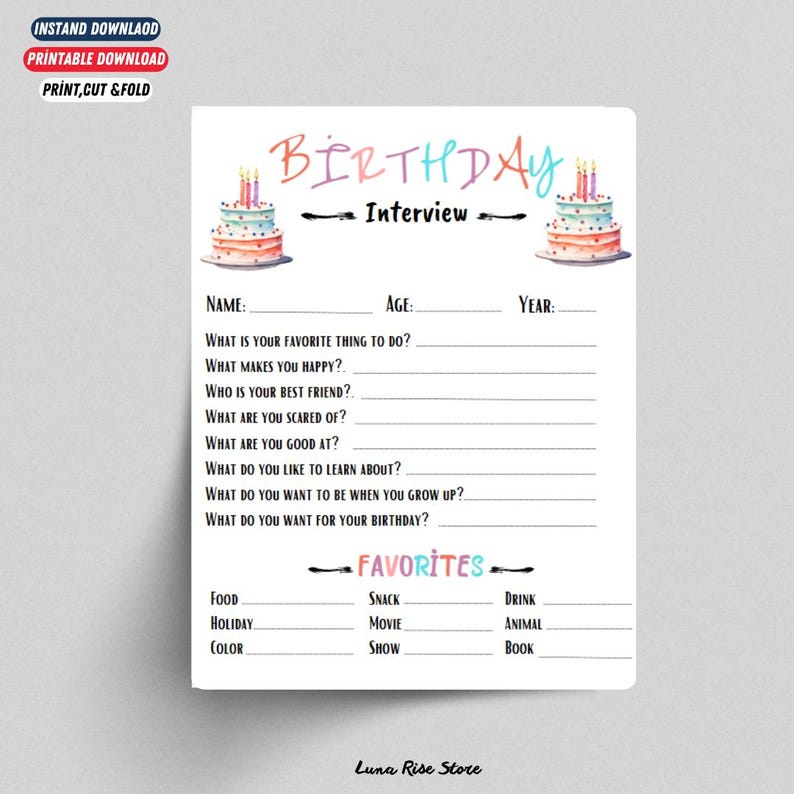 Printable Kids Birthday Interview-kids Birthday Questionnaire-annual ...