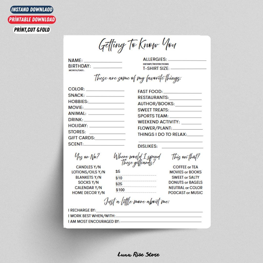 Getting to Know You Printable | Coworker Questions | All About Me ...