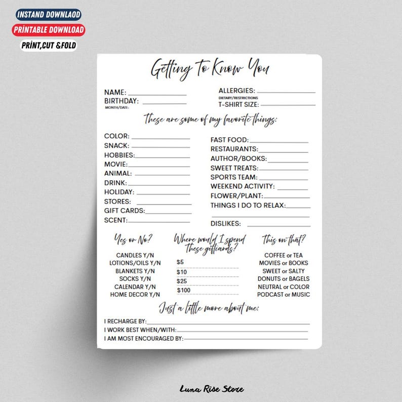 Getting to Know You Printable | Coworker Questions | All About Me Survey | Work Birthday ...