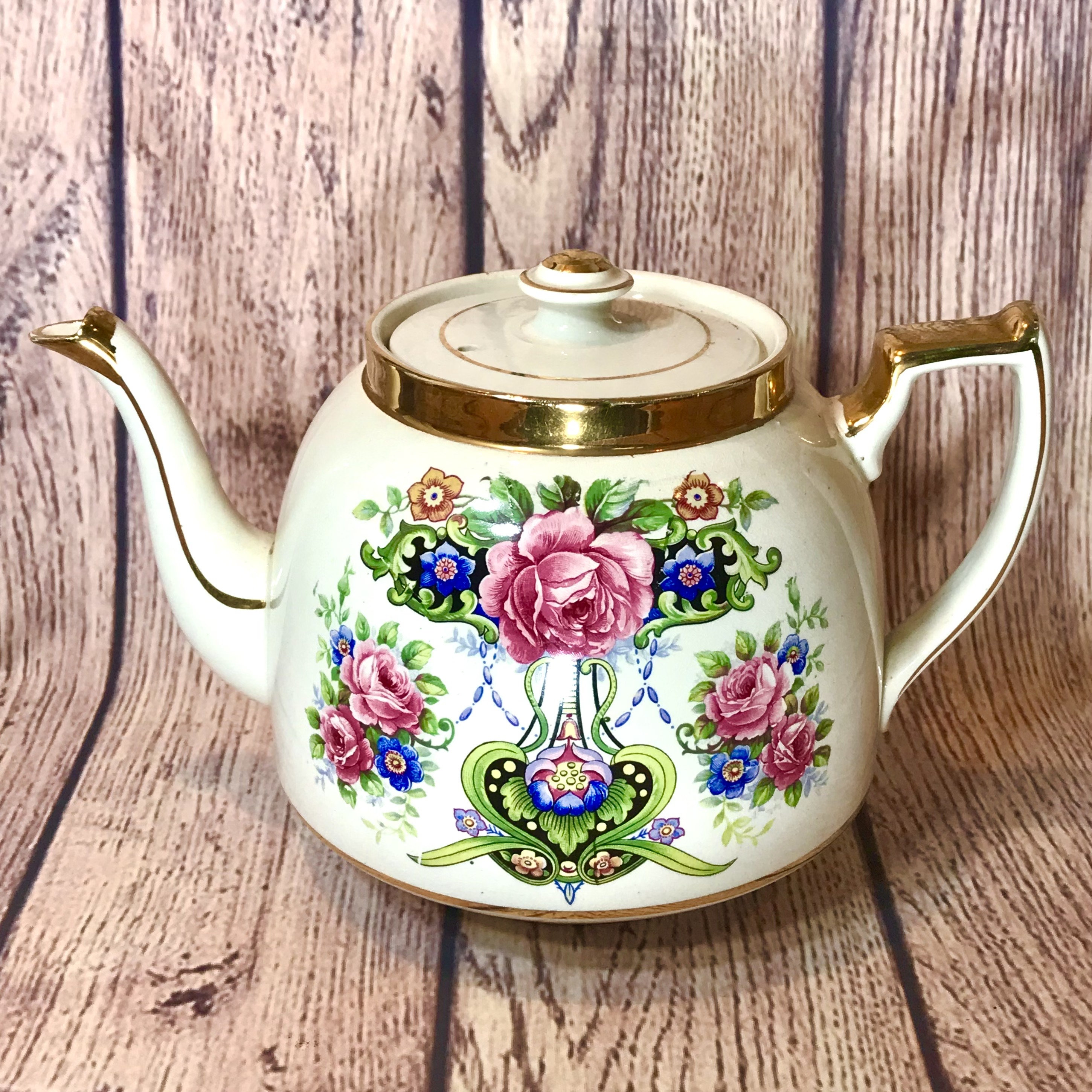 Vintage 1950s Britannia Pottery Teapot – Art Nouveau Floral Print, Gilt ...