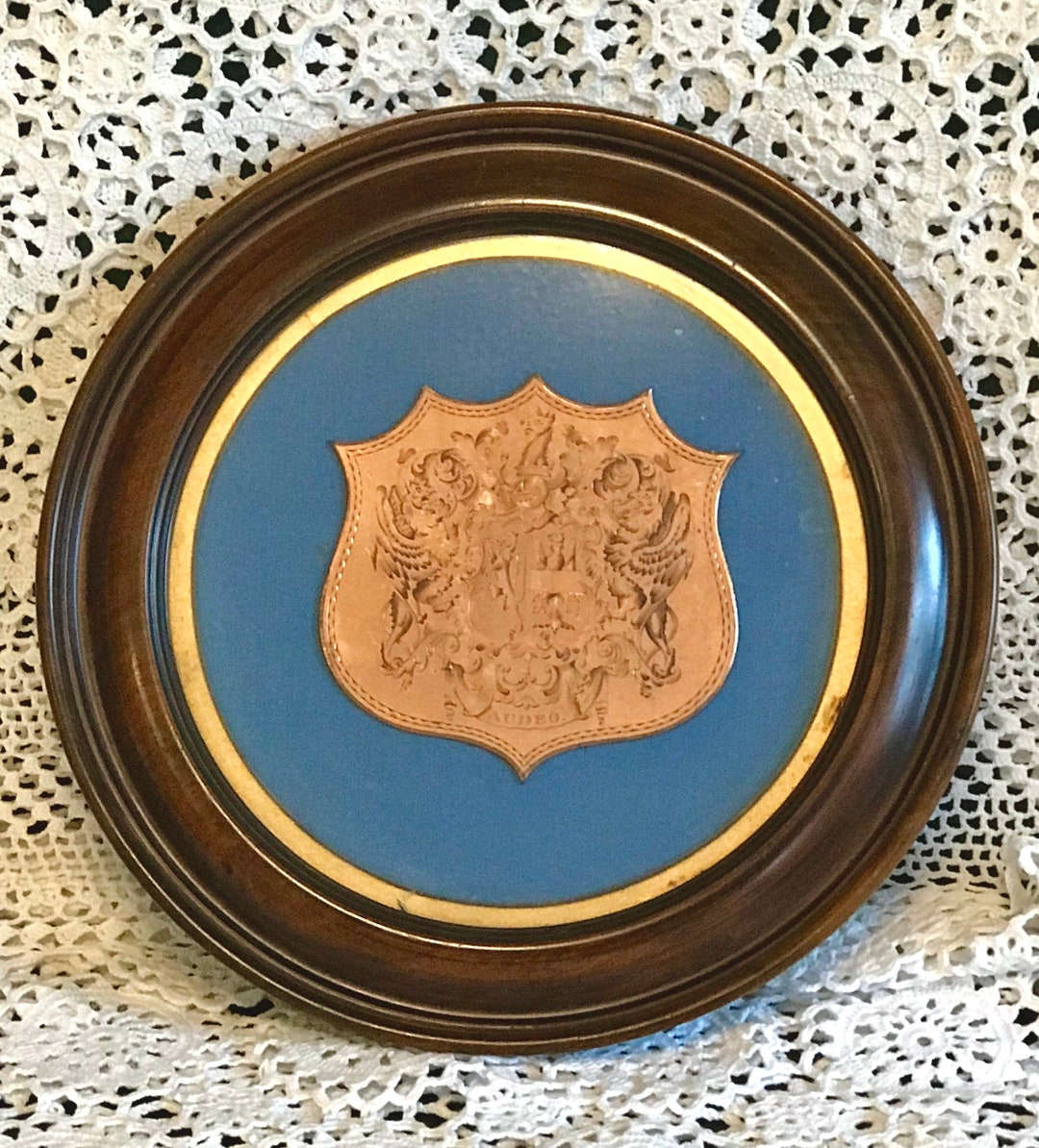 Engraved Copper Armorial Family Crest Mounted in a Circular Mahogany ...