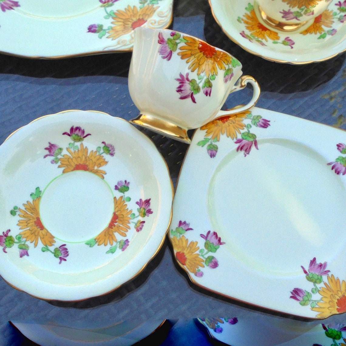New Chelsea Art Deco Tea Trio Chrysanthemum Flowers Matching - Etsy Canada