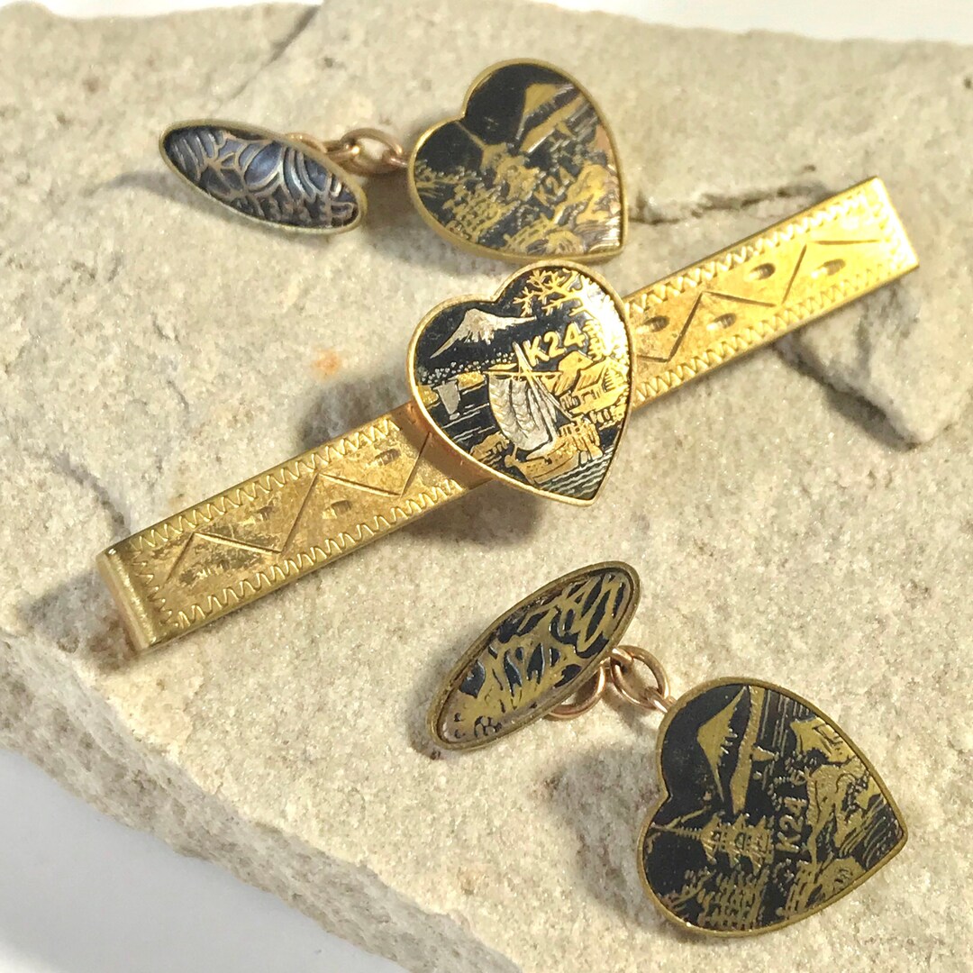 Japanese Amita Shakudo Damascene Heart Cufflinks or Tie Clip - Black ...