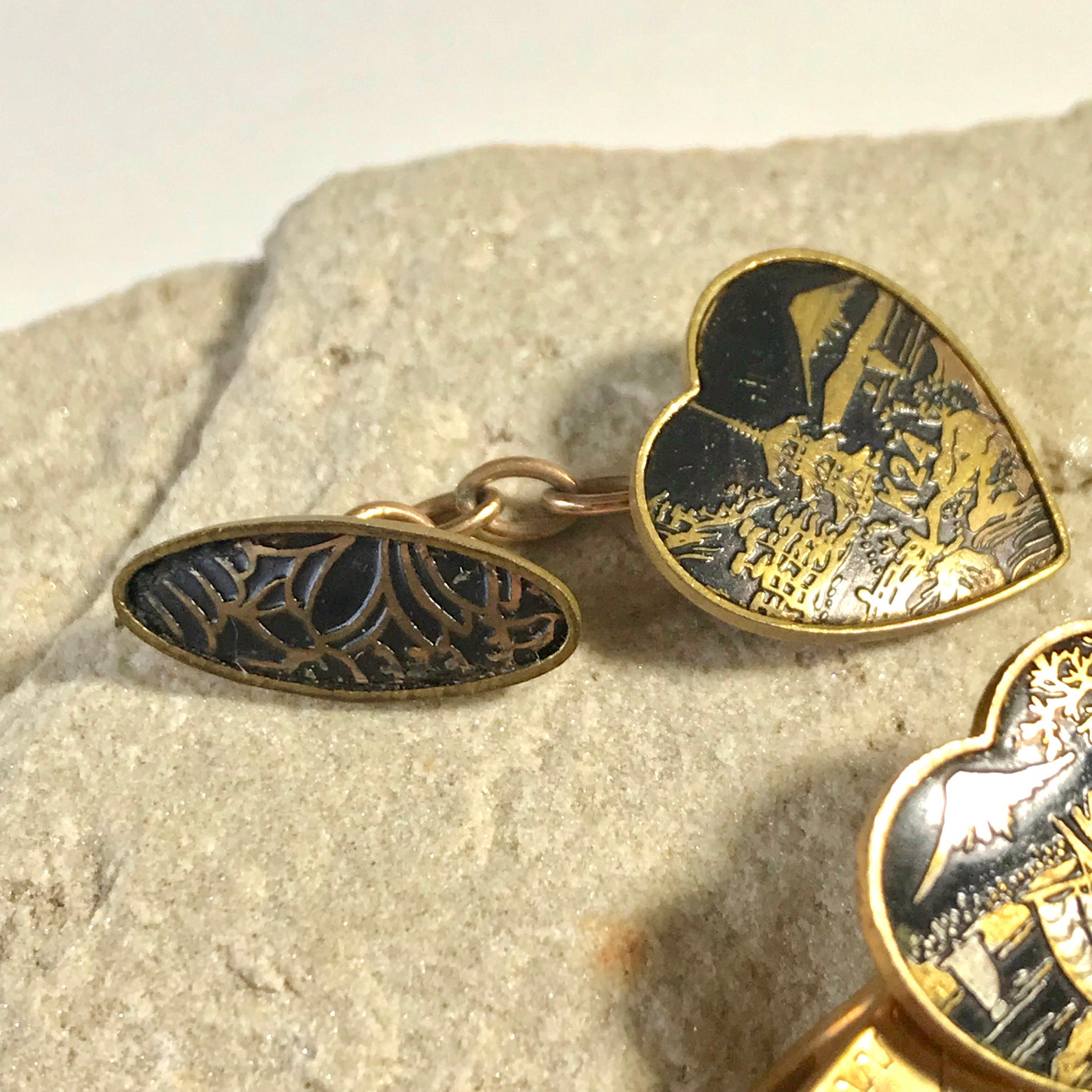 Japanese Amita Shakudo Damascene Heart Cufflinks or Tie Clip | Etsy
