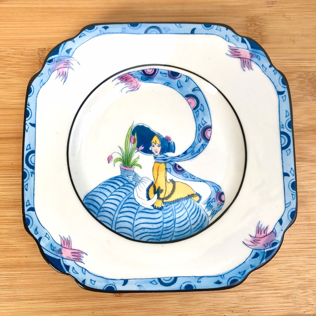 Melba English Bone China Art Deco Dolly Varden Squared Tea Plate - Crinoline Lady Blue Colourway ...