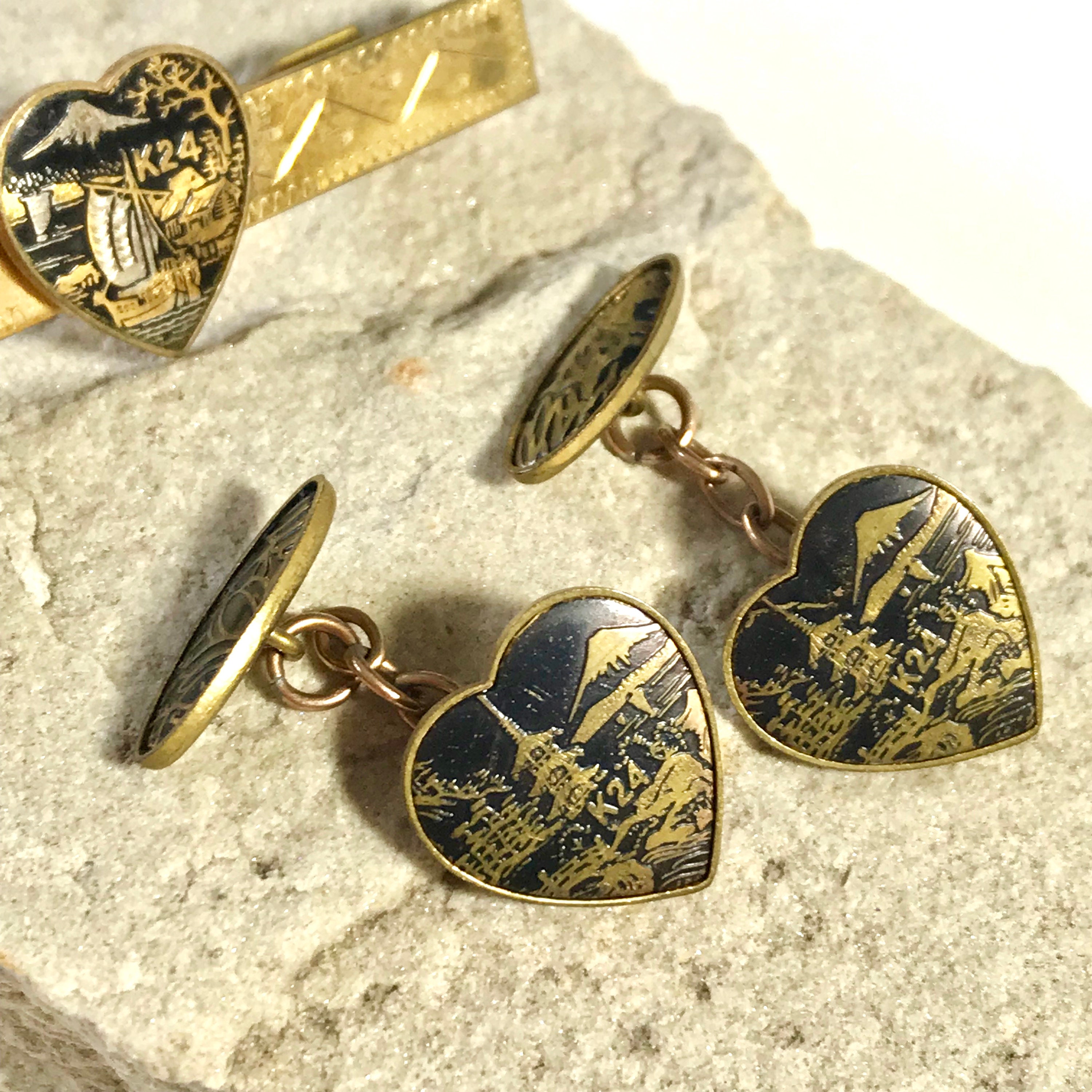 Japanese Amita Shakudo Damascene Heart Cufflinks or Tie Clip - Etsy