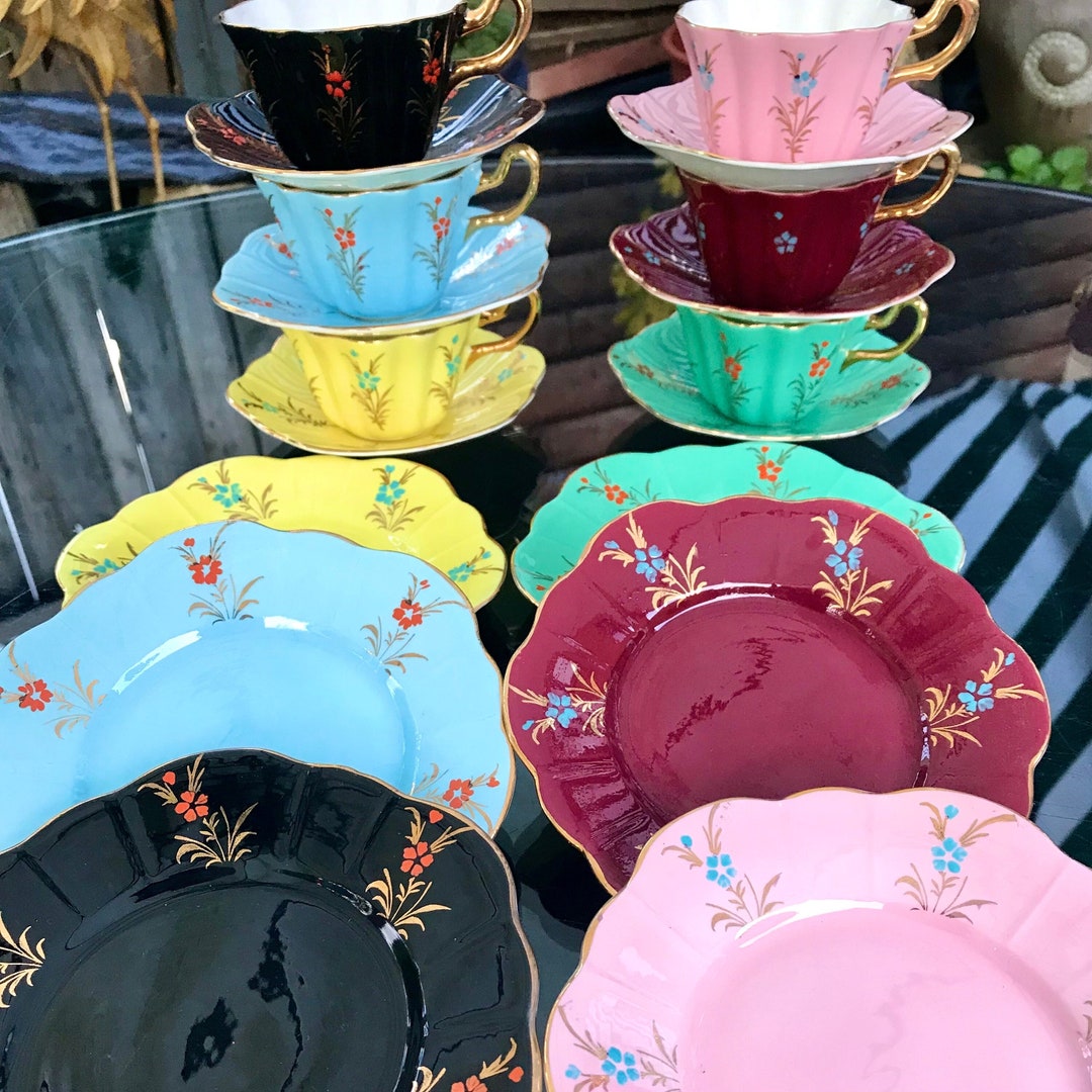 Royal Stuart Spencer Stevenson Tea Set. Harlequin Mixed Colours, Gold ...