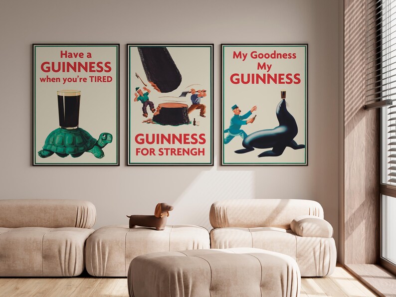 Guinness Poster Set of 3 - Vintage Beer Prints, Retro Alcohol Posters ...