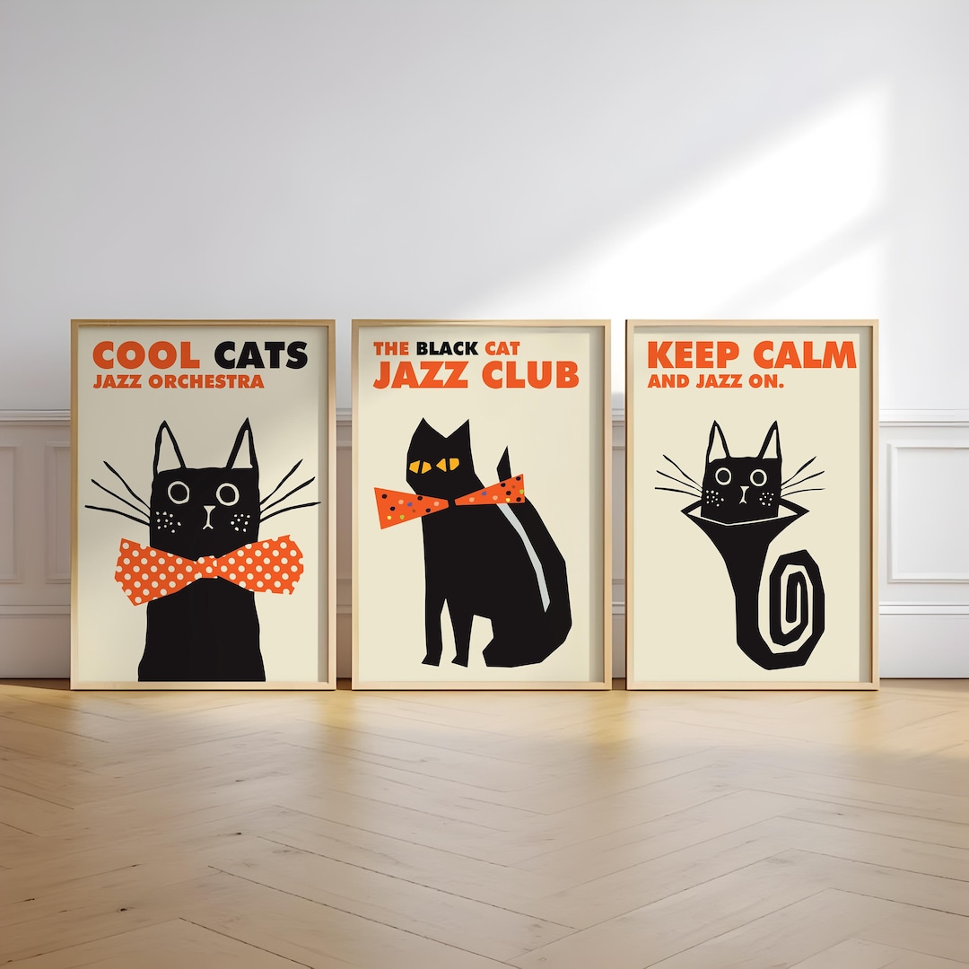 Black Cat Jazz Poster Set, Black Cat Wall Art Print, Retro Jazz Club ...