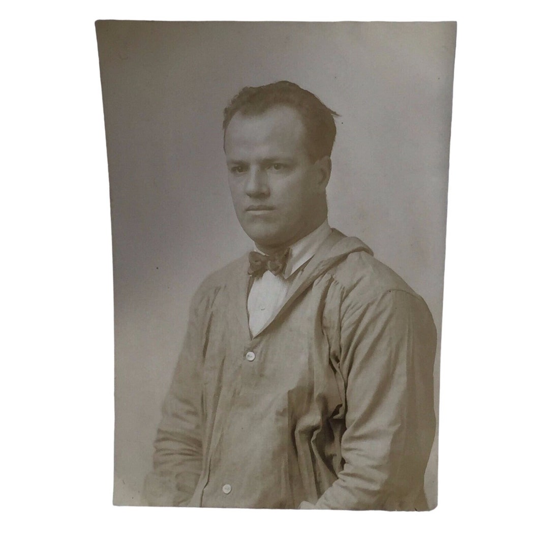 Vintage 1920's Photograph Young Man Lab Coat Sepia Studio 21346 Bowtie ...