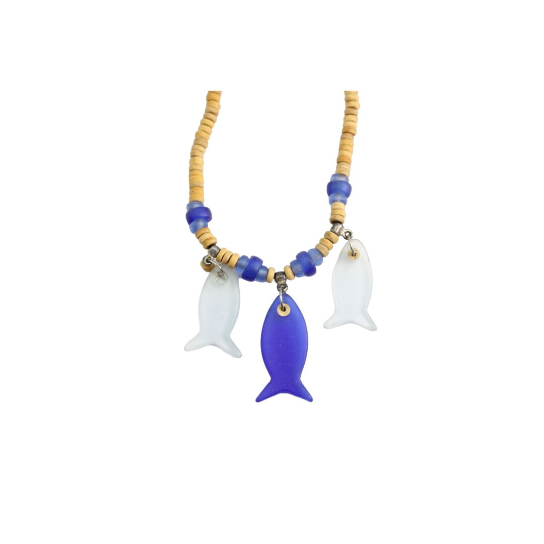 Glass Fish Beaded Necklace Pendant Blue Seaglass 88388 - Etsy
