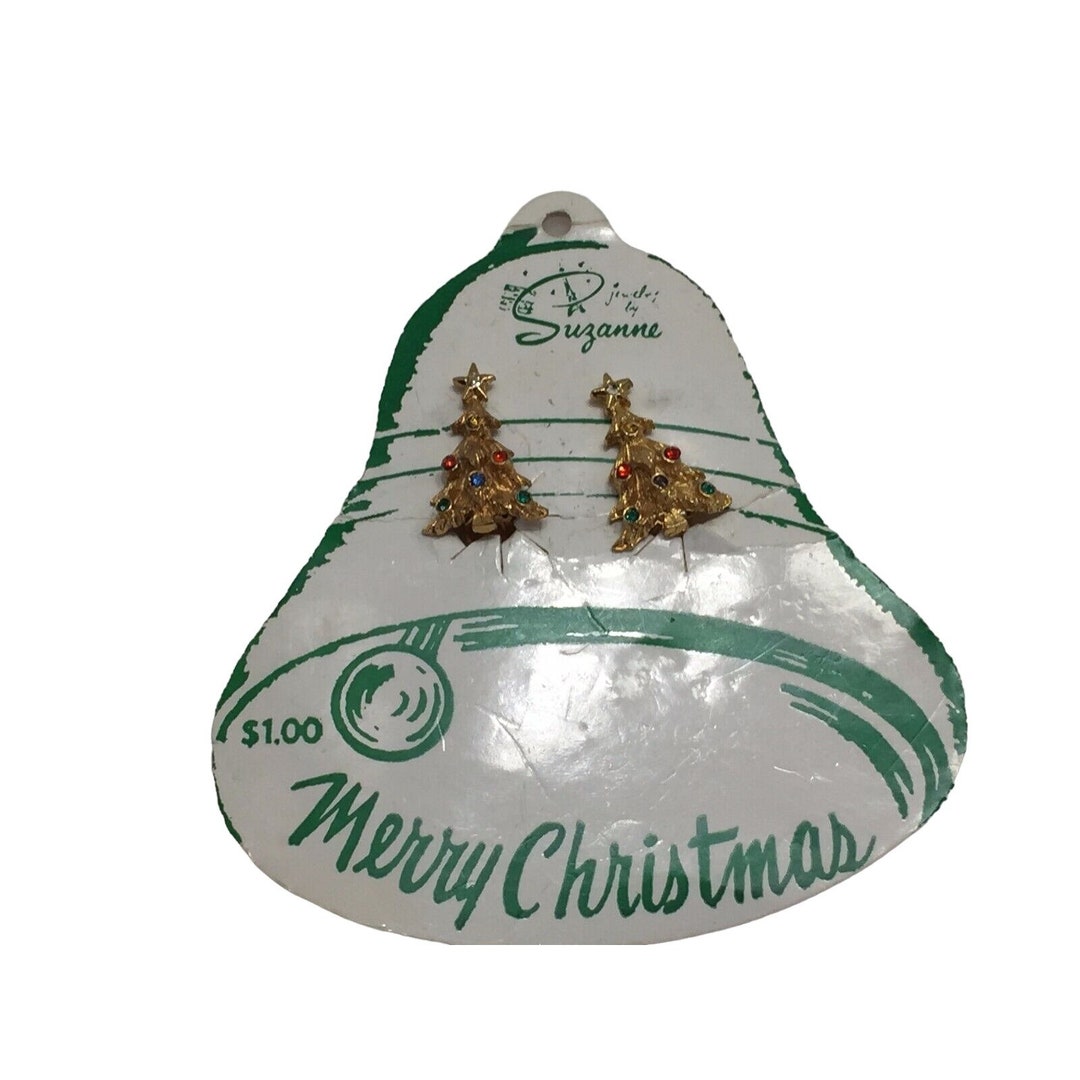 Vintage Suzanne Christmas Tree Clip Earrings on Card Goldtone 22379 - Etsy