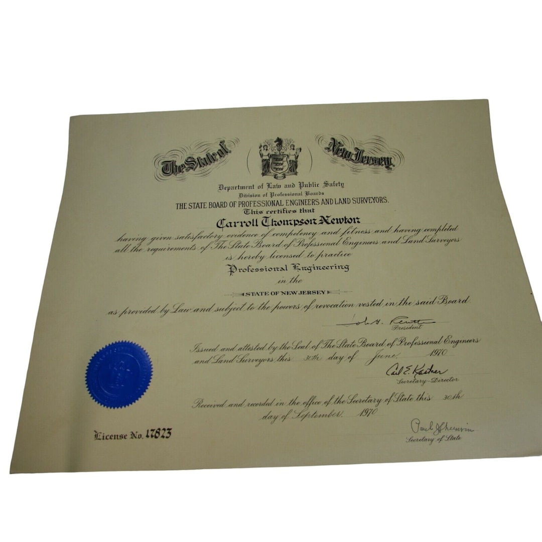 Vintage State of New Jersey Professional Engineer Certificate 1970 ...