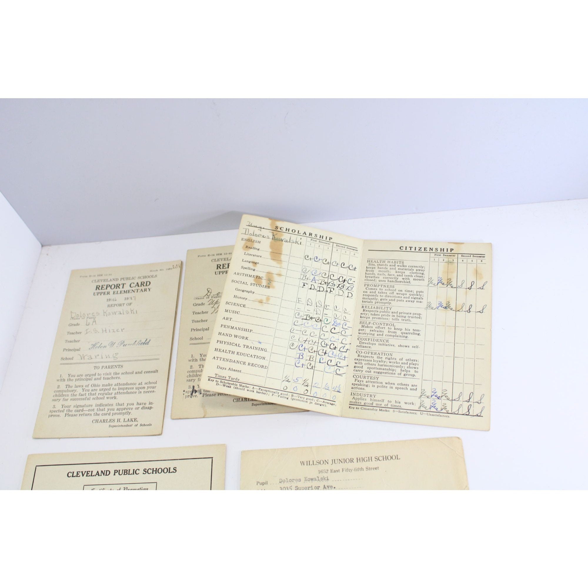 5 Vintage School Report Cards Upper Elementary Cleveland OH 77201 1944 ...