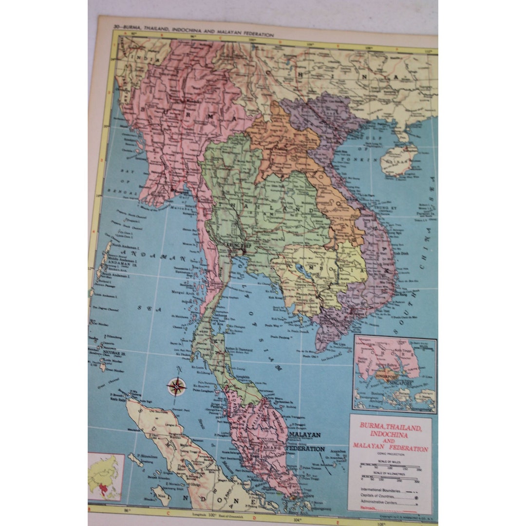 India Burma Thailand Indochina Map Vintage World Atlas Globemaster ...