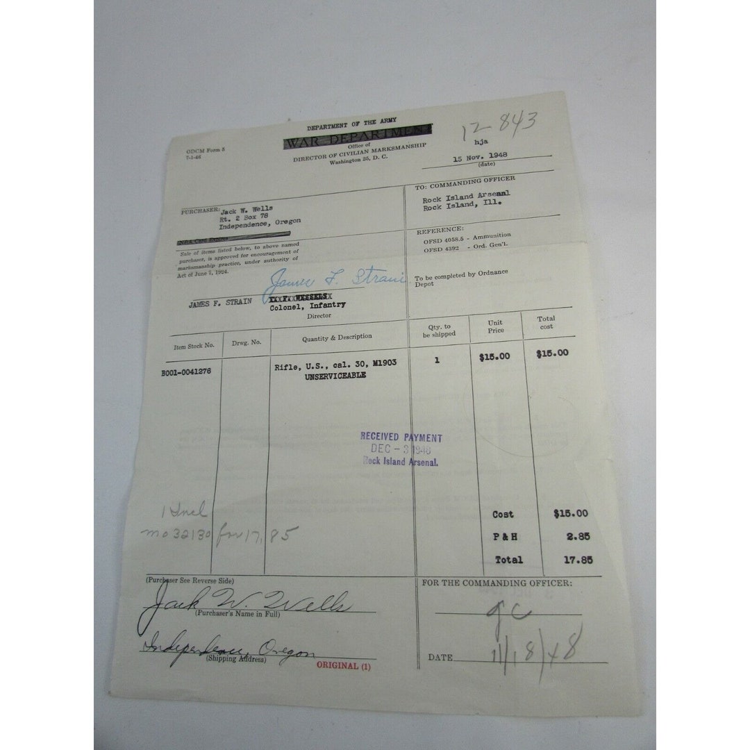 1948 US War Department Infantry Rifle Receipt Army 33938 - Etsy