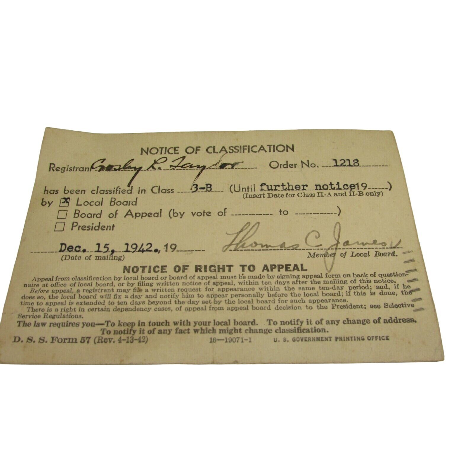 Vintage 1942 Notice of Classification Selective Service Card - Etsy