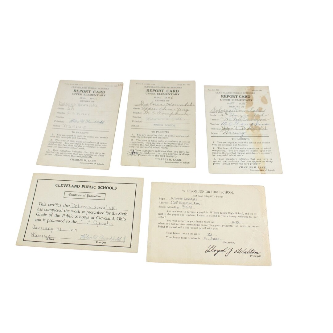 5 Vintage School Report Cards Upper Elementary Cleveland OH 77201 1944 ...