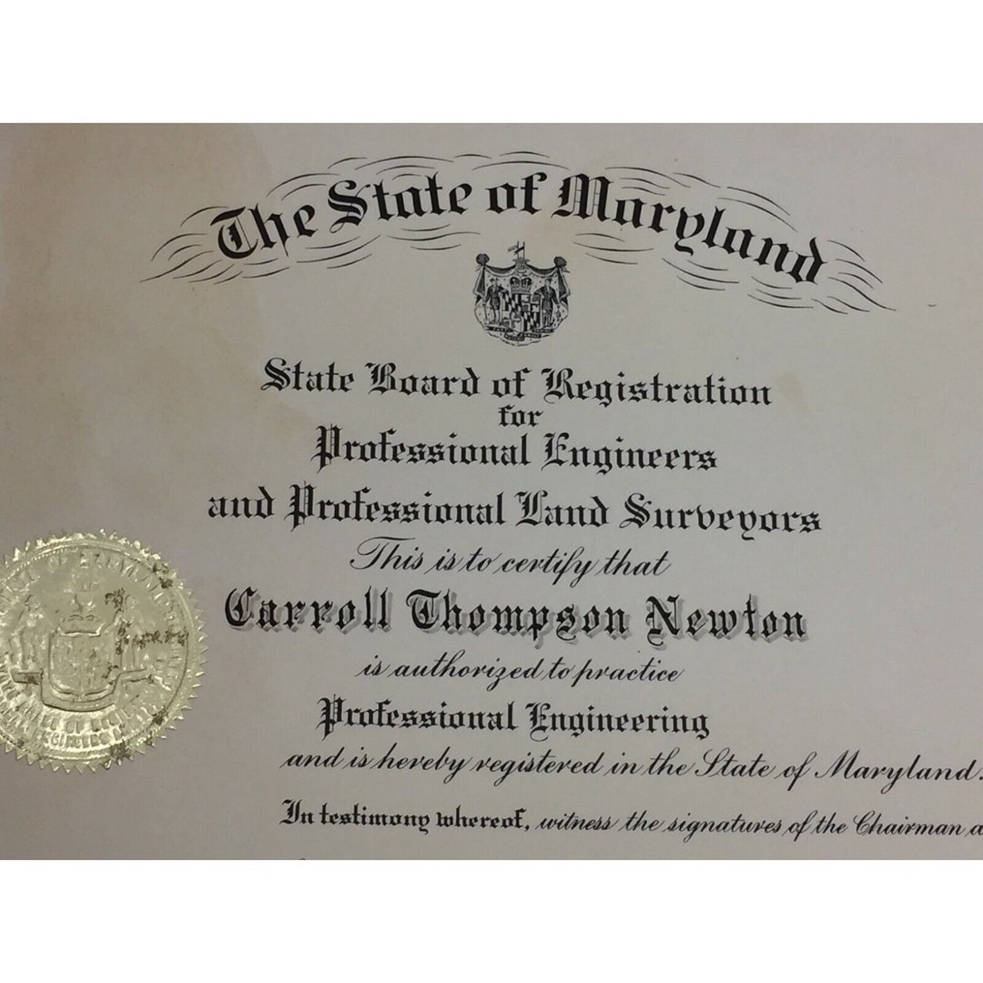 Vintage Maryland Professional Engineer Registration - Etsy