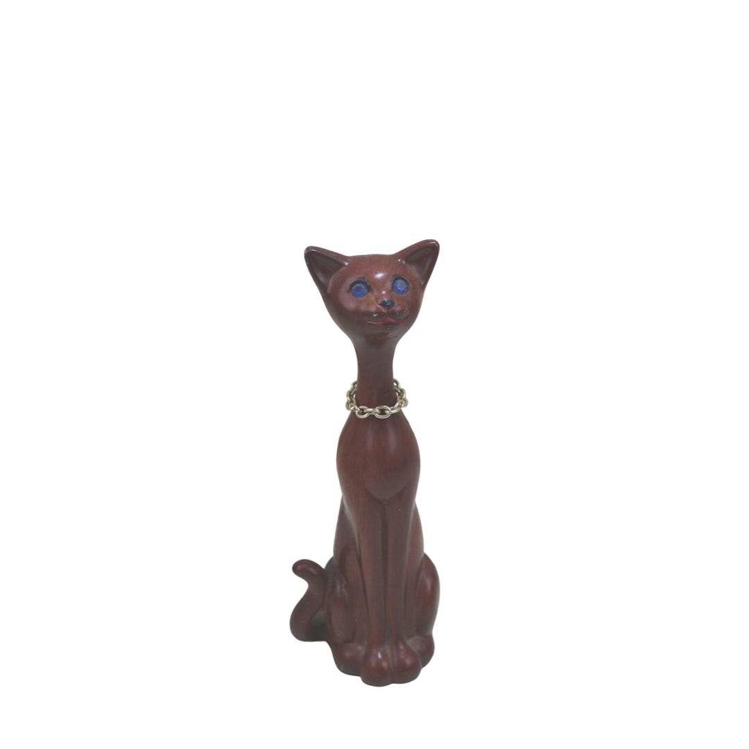 MCM Cat Figurine Elegonated Skinny Slim Faux Wood Blue Rhinestone Eyes ...