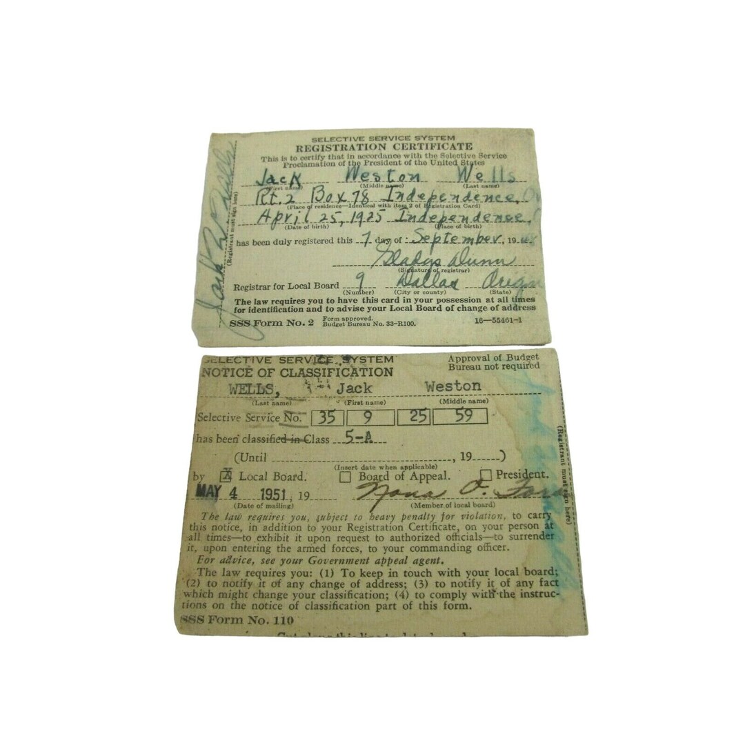 1950s Selective Service Registration Card Classification 32465 - Etsy