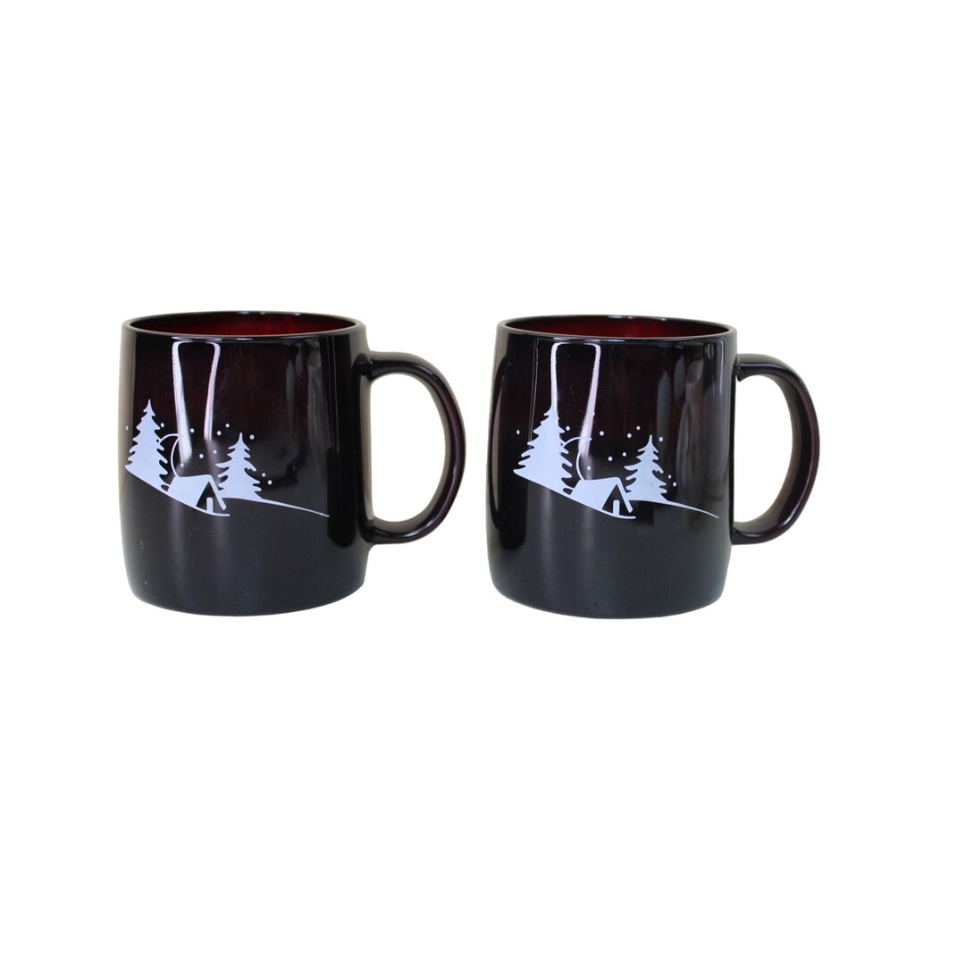 2 Luminarc Cristal D'arques Ruby Red Mug White Winter Scene Holiday ...