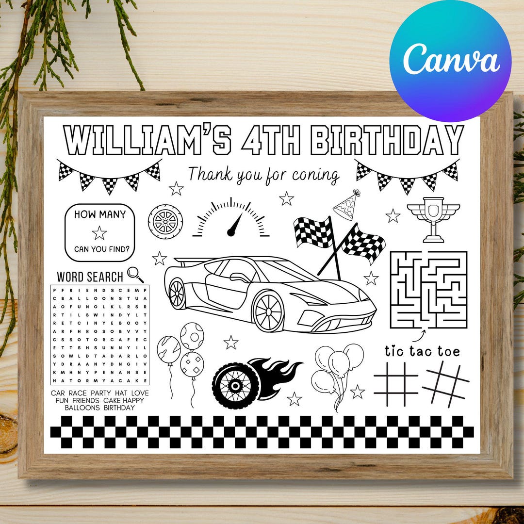 Race Car Birthday Party Activity Sheet, Hot Cars Party Placemat, Racing ...