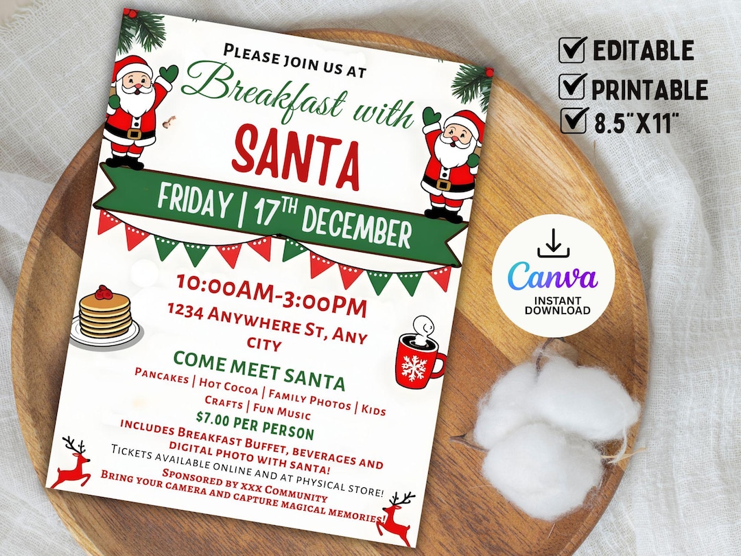 Breakfast With Santa Invitation Flyer, Kids Christmas Invitation Flyer ...
