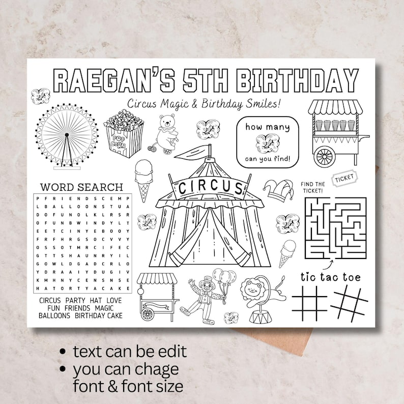 Carnival Circus Birthday Theme Party Activity Sheet, Carnival Circus ...