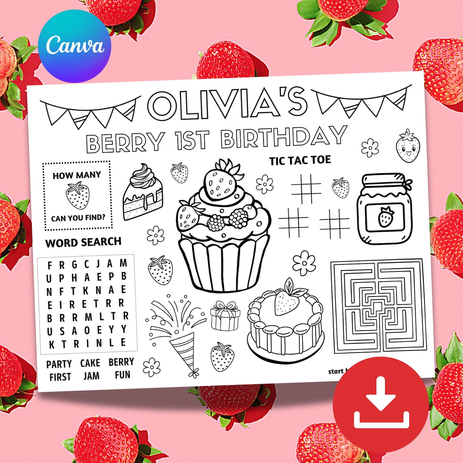 Berry First Birthday Party Activity Sheet, Strawberry Theme Party Favor ...